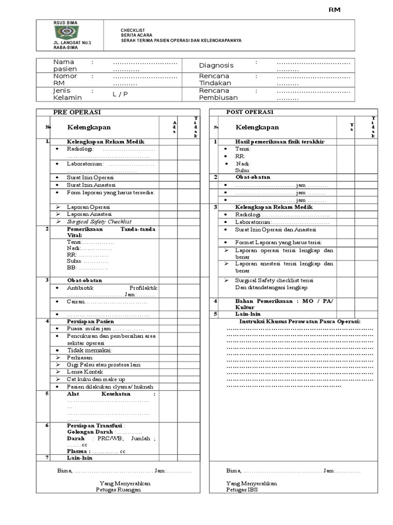 Check List BAP Serah Terima Pasien Operasi | PDF