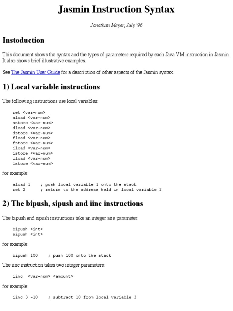 Jasmin Instruction Syntax | PDF | Integer (Computer Science) | String (Computer Science)