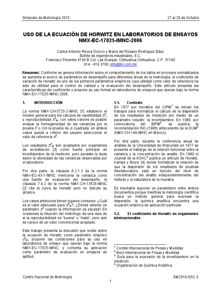 Uso de La Ecuación de Horwitz en Laboratorios de Ensayo | PDF ...
