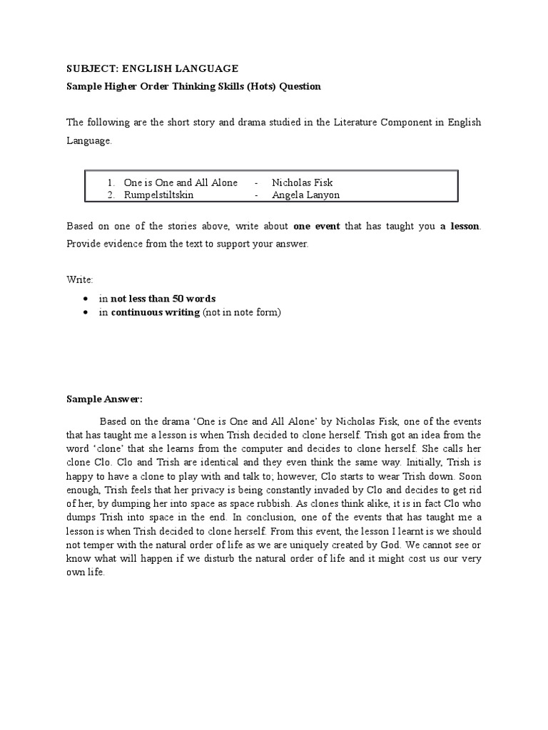 Subject: English Language Sample Higher Order Thinking Skills (Hots ...