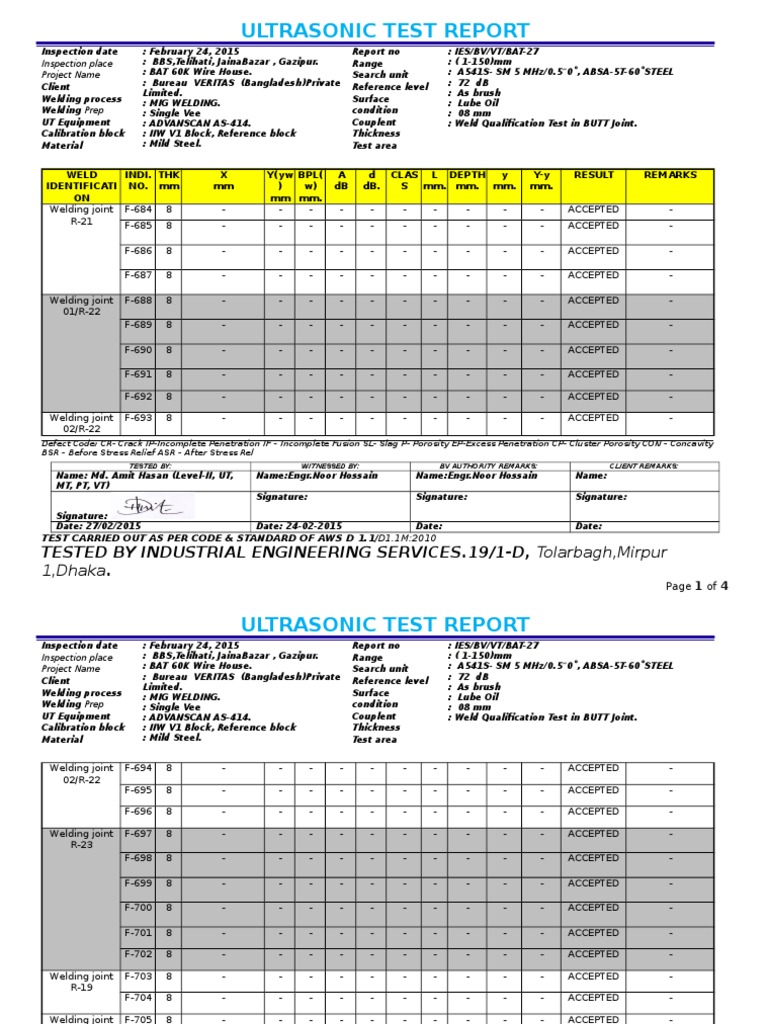 Ultrasonic Test Report: Tested by Industrial Engineering Services.19/1 ...