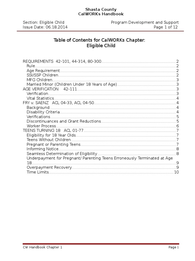 Table of Contents For Calworks Chapter: Eligible Child: Shasta County ...