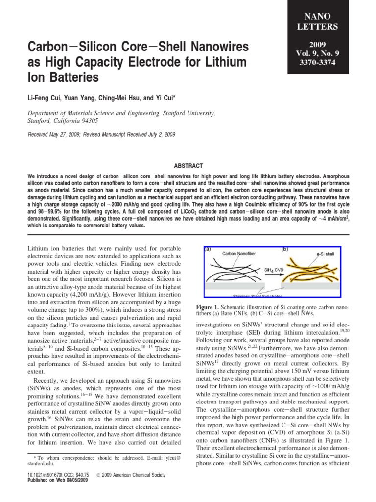 Carbon-Silicon Core-Shell Nanowires As High Capacity Electrode For ...
