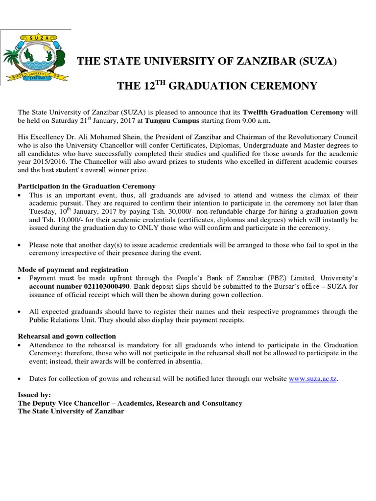 SUZA 12th Graduation Ceremony Details | PDF | Finance & Money Management