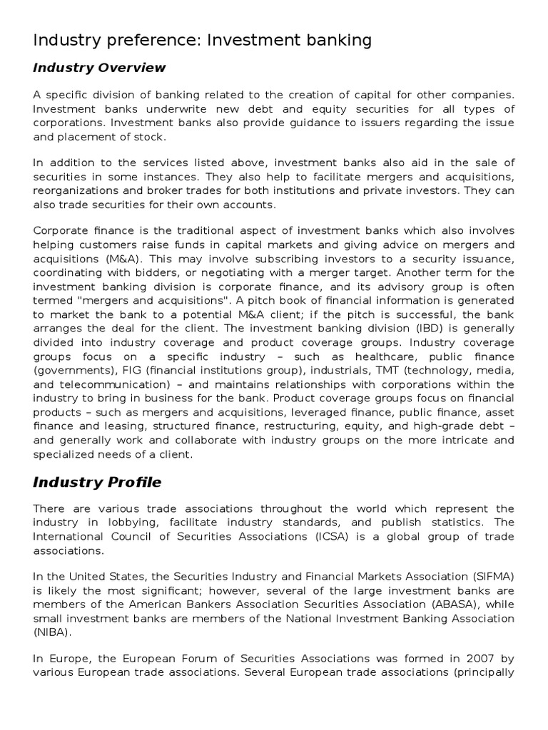 Industry Preference: Investment Banking | PDF | Investment Banking ...