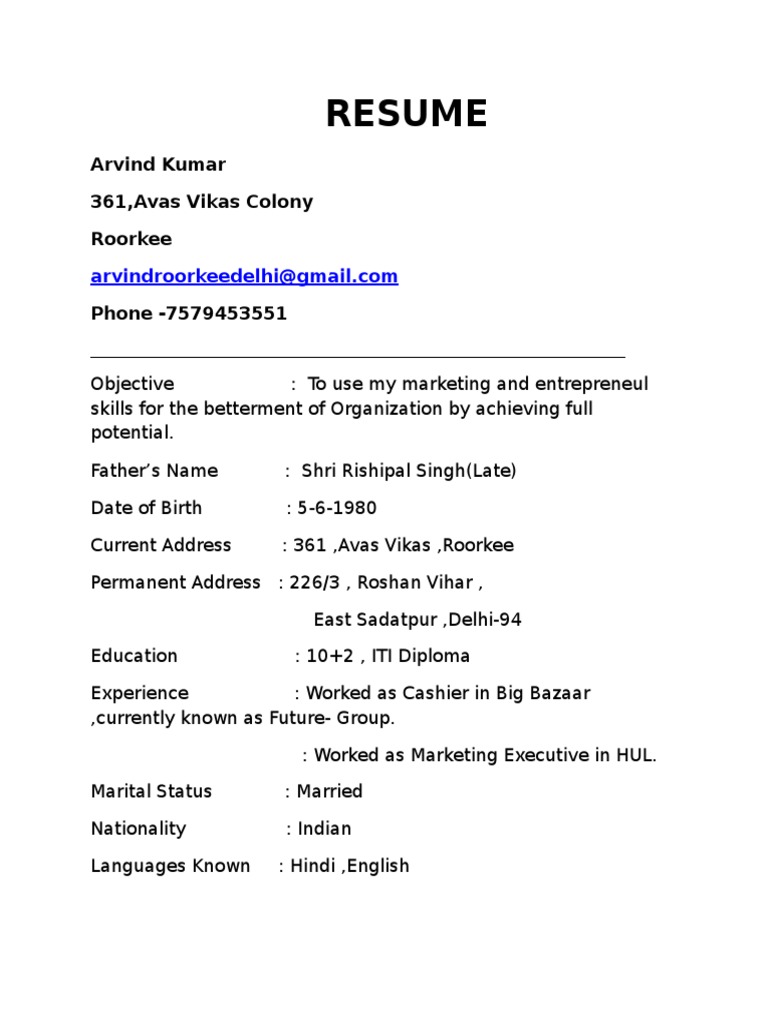 Resume: Arvind Kumar 361, Avas Vikas Colony Roorkee | PDF