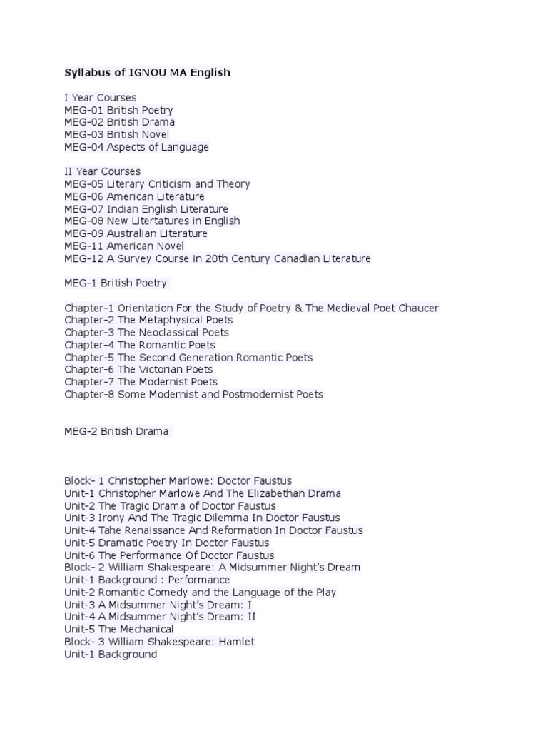 Syllabus of IGNOU MA English | PDF | Linguistics | Poetry