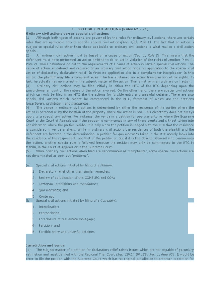 I. Special Civil Actions (Rules 62 - 71) Ordinary Civil Actions Versus ...