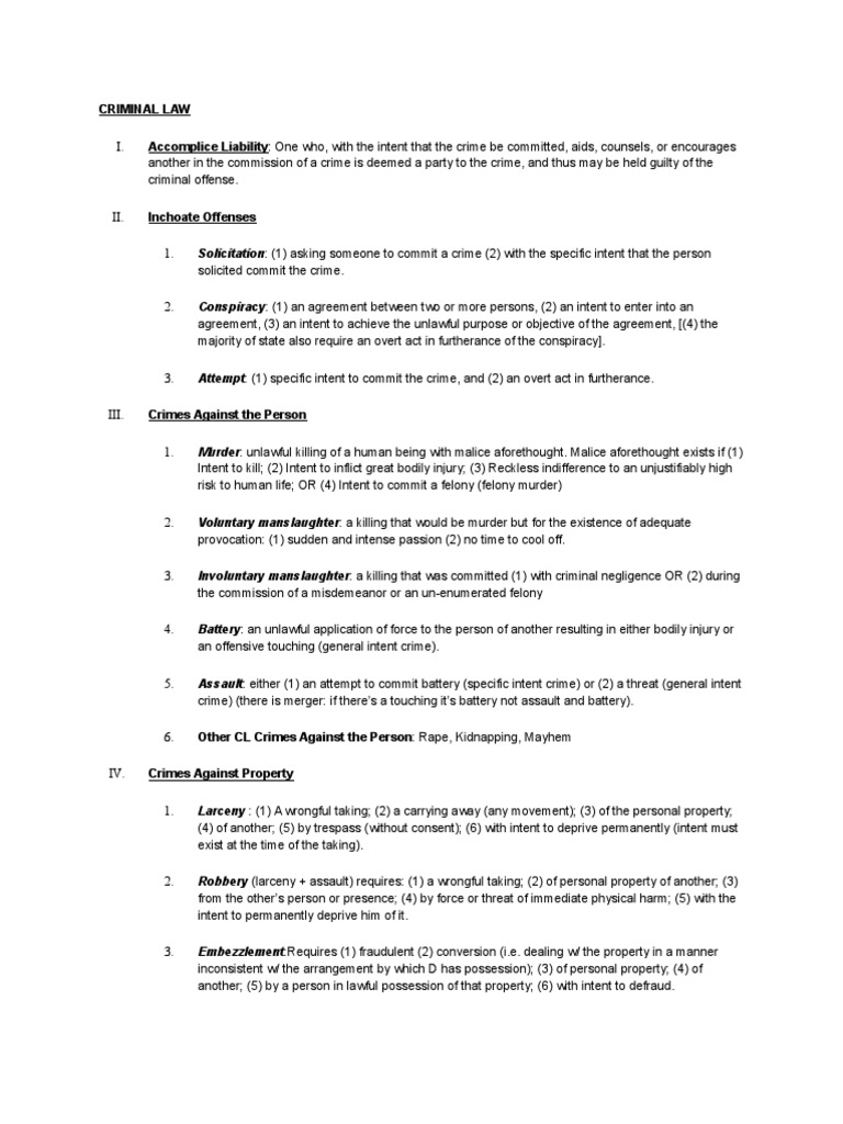 Criminal Law - Attack Sheet | PDF | Manslaughter | Intention (Criminal Law)
