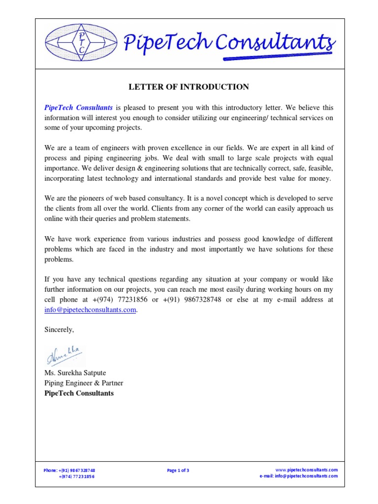 Letter of Introduction: Pipetech Consultants | PDF | Engineering | Pipe ...