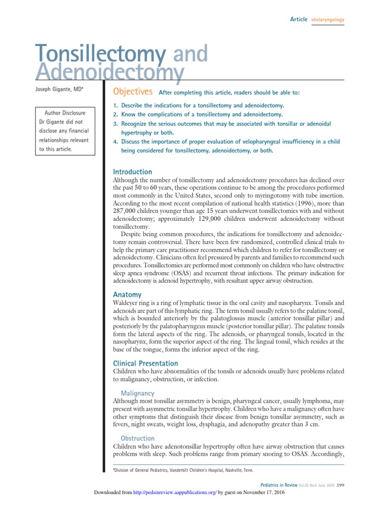 Tonsilectomy and Adenoidectomy | PDF | Snoring | Health Sciences