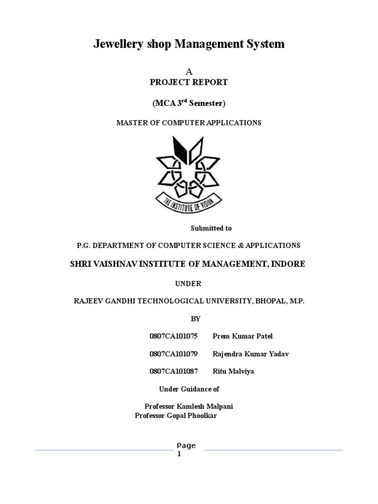Jewellery Shop Management System: Project Report (MCA 3 Semester) | PDF ...