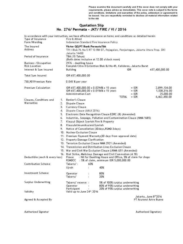 Quotation Slip No. 276/ Permata - JKT/ FIRE / VI / 2016: Fire & Allied ...