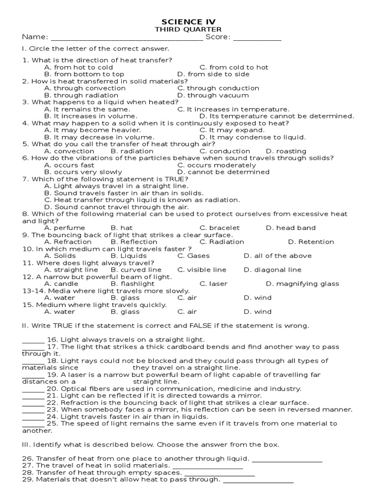 Grade 4 Science: Heat & Light Concepts | PDF | Heat Transfer ...