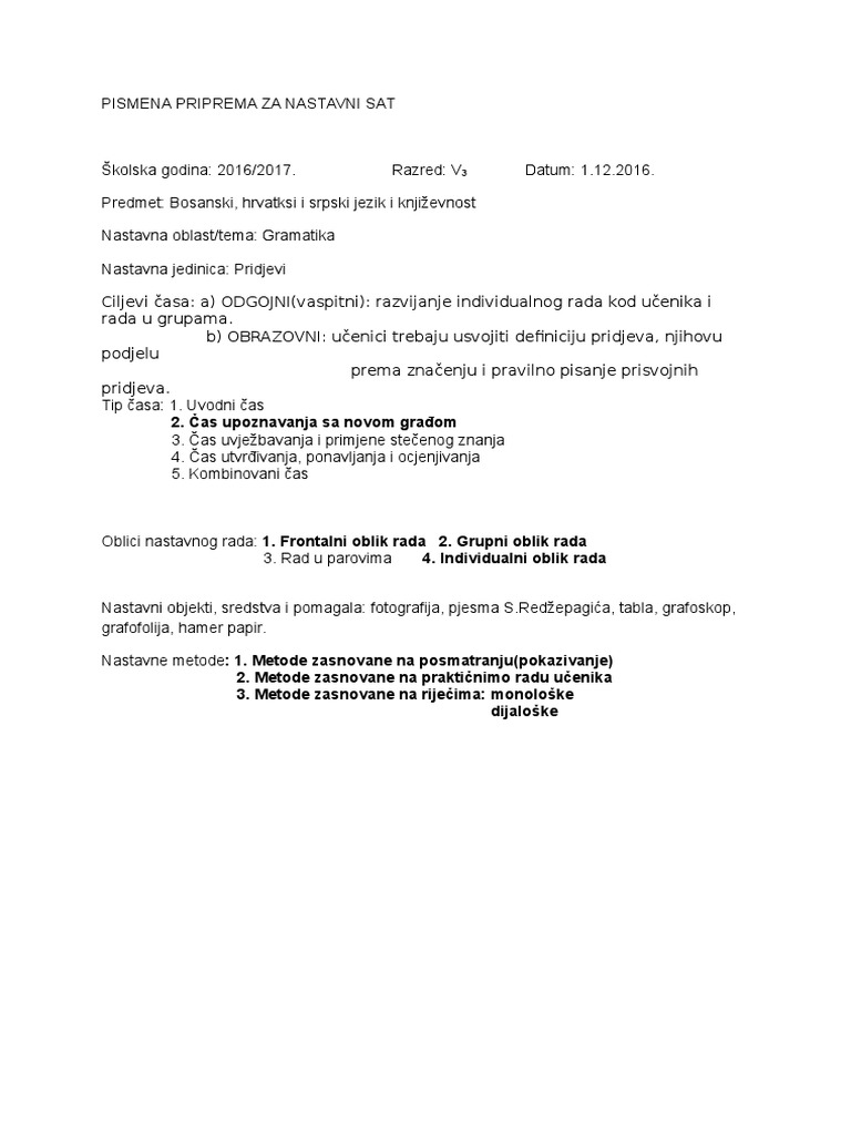 Pismena Priprema Za Nastavni Sat | PDF
