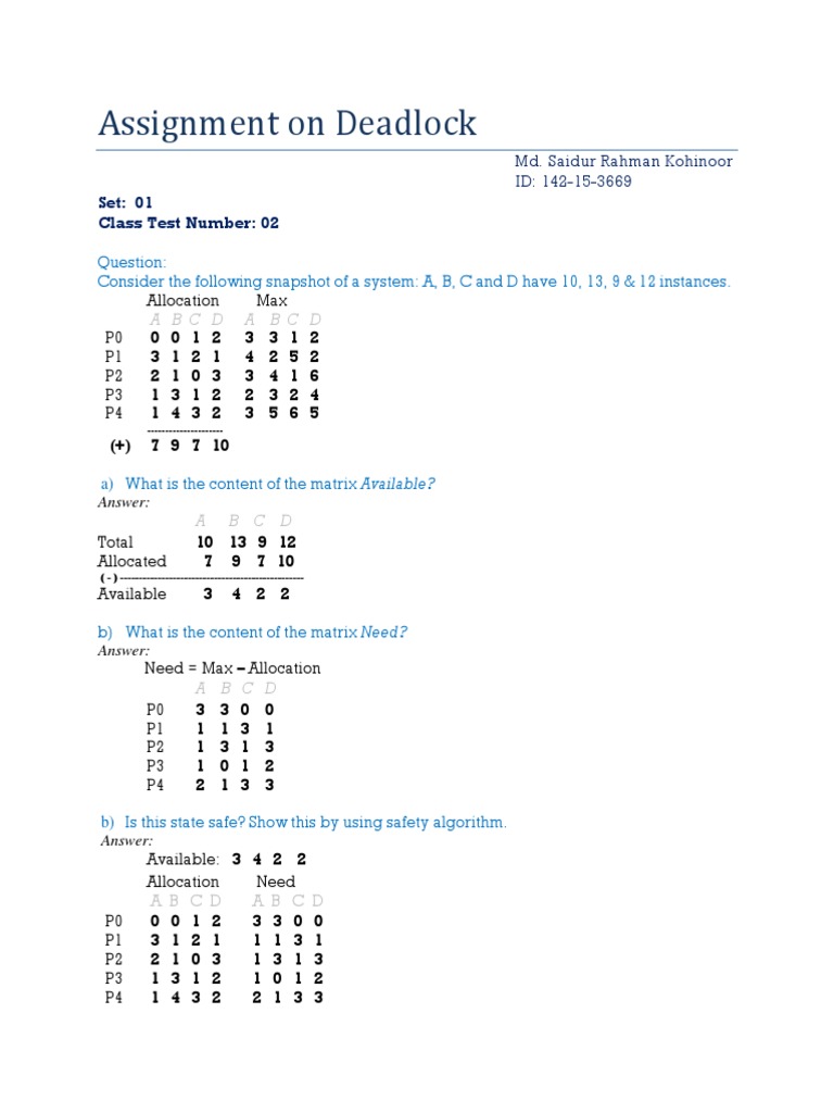 Assignment On Deadlock: Set: 01 Class Test Number: 02 | PDF | Computer ...