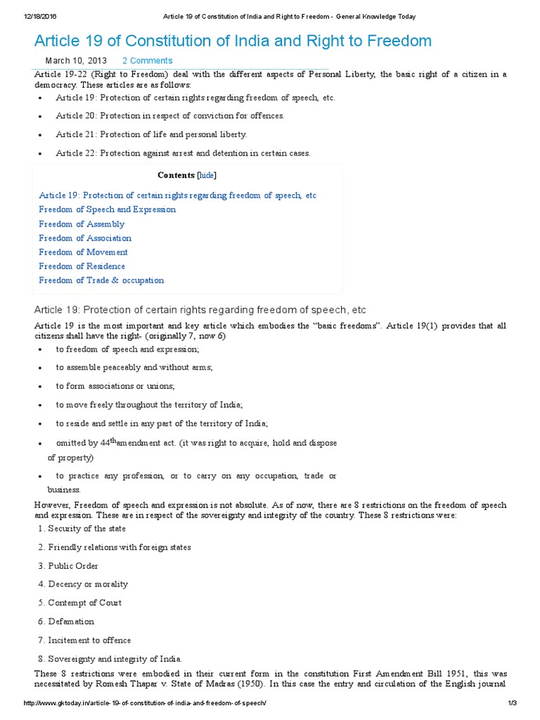 Article 19 of Constitution of India and Right to Freedom | Freedom Of ...
