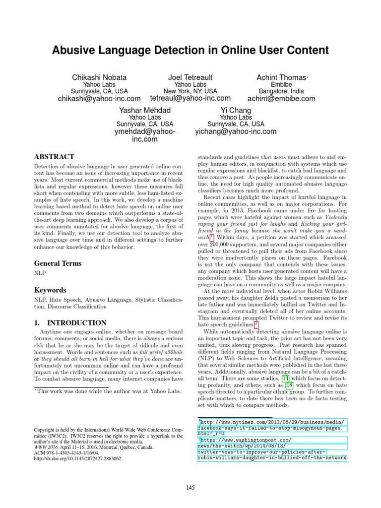 Abusive Language Detection in Online User Content | Linguistics | Areas ...