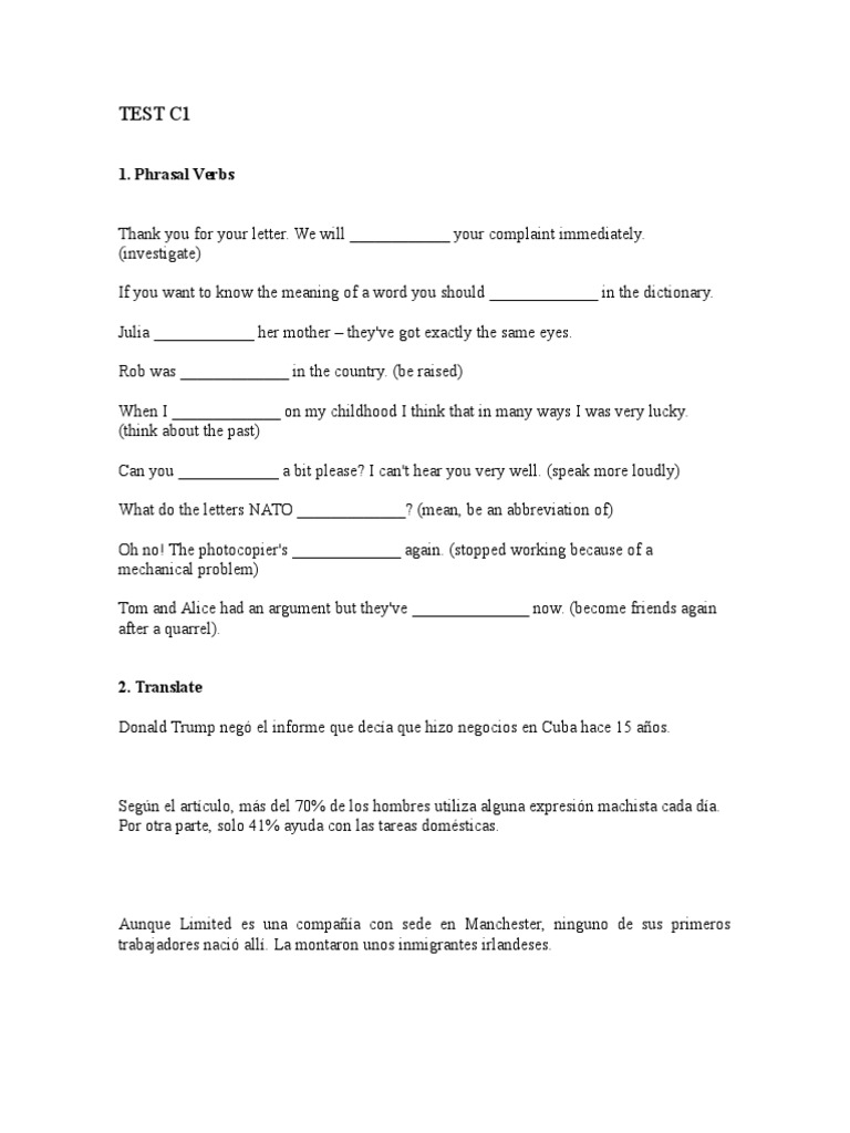 Test C1: 1. Phrasal Verbs | PDF