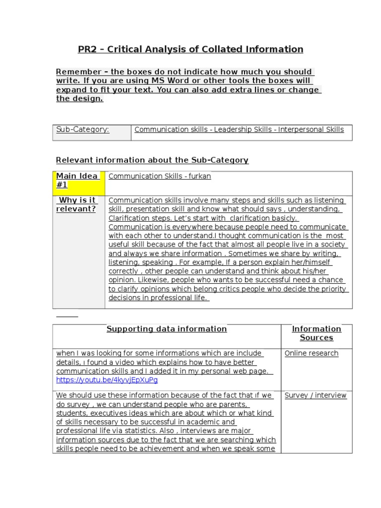 PR2 - Critical Analysis of Collated Information: Sub-Category | PDF ...