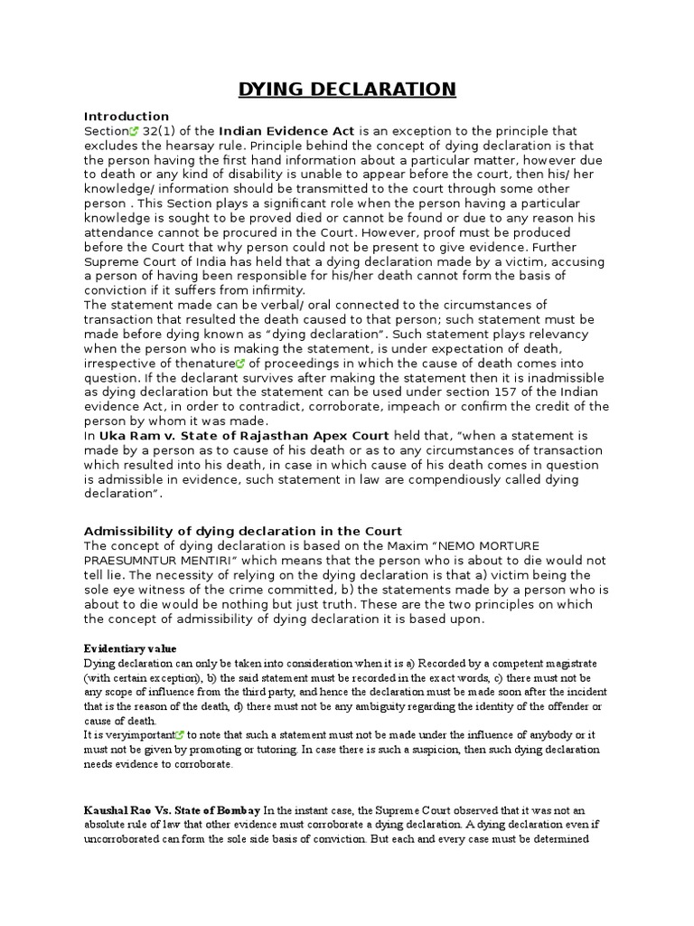 Dying Declaration | Download Free PDF | Evidence (Law) | Justice