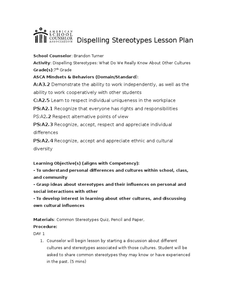 Dispelling Stereotypes Lesson Plan | PDF | Stereotypes | School Counselor