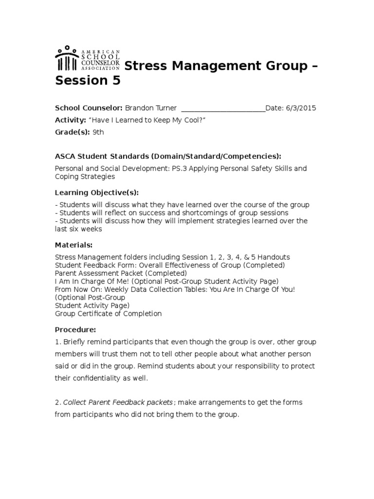Asca Lesson Plan - Stress Management 5 | PDF | Stress Management ...
