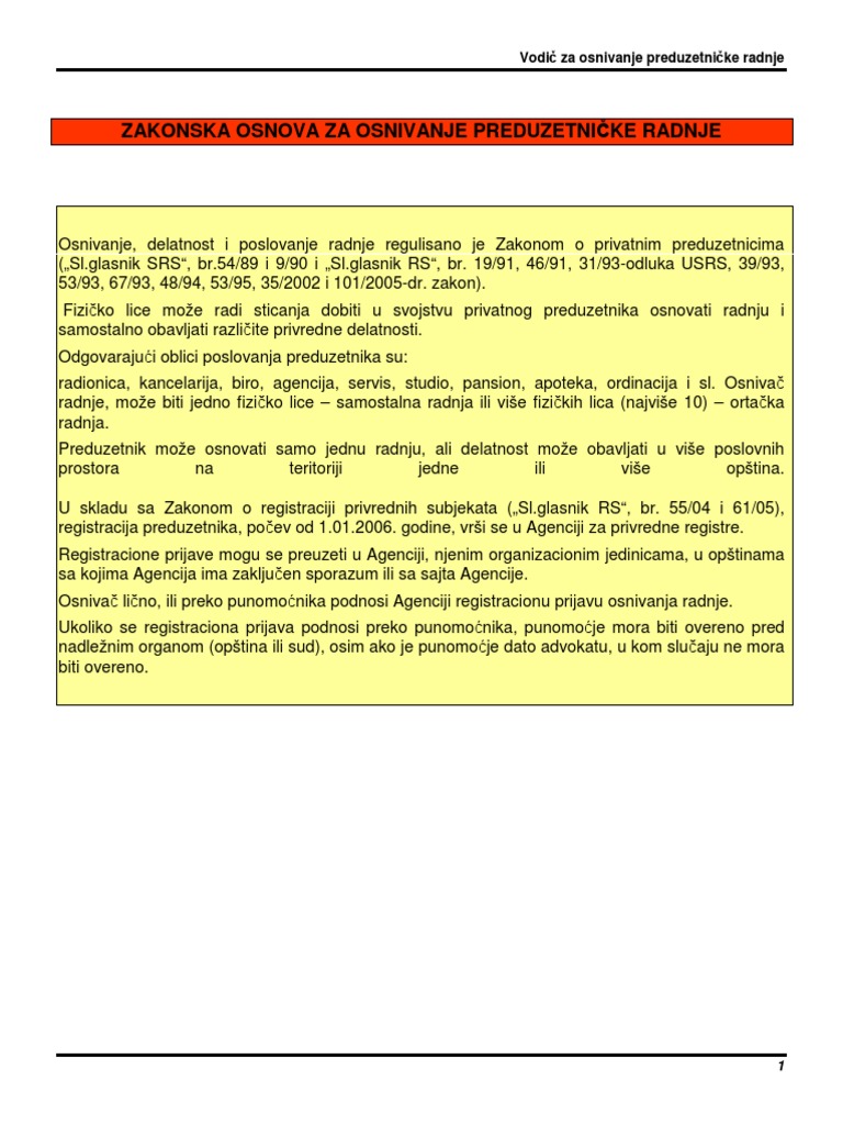 Vodic Za Osnivanje Preduzetnicke Radnje PDF | PDF