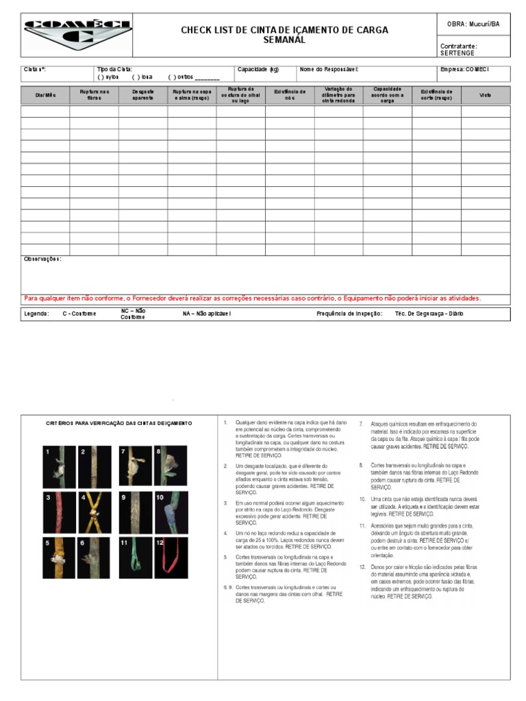 Check List de Cinta de Icamento de Carga Diária | PDF | Negócios