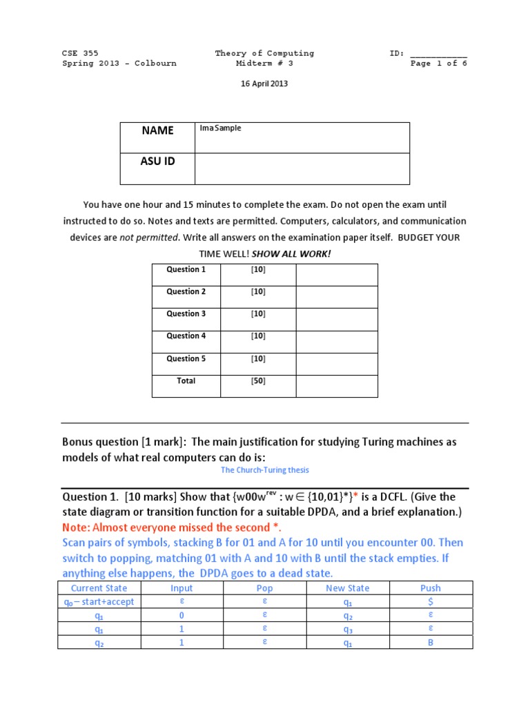 Cse 355 Theory Of Computing Id Spring 2013 Colbourn Midterm 3 Page 1 Of 6 D A B Pdf