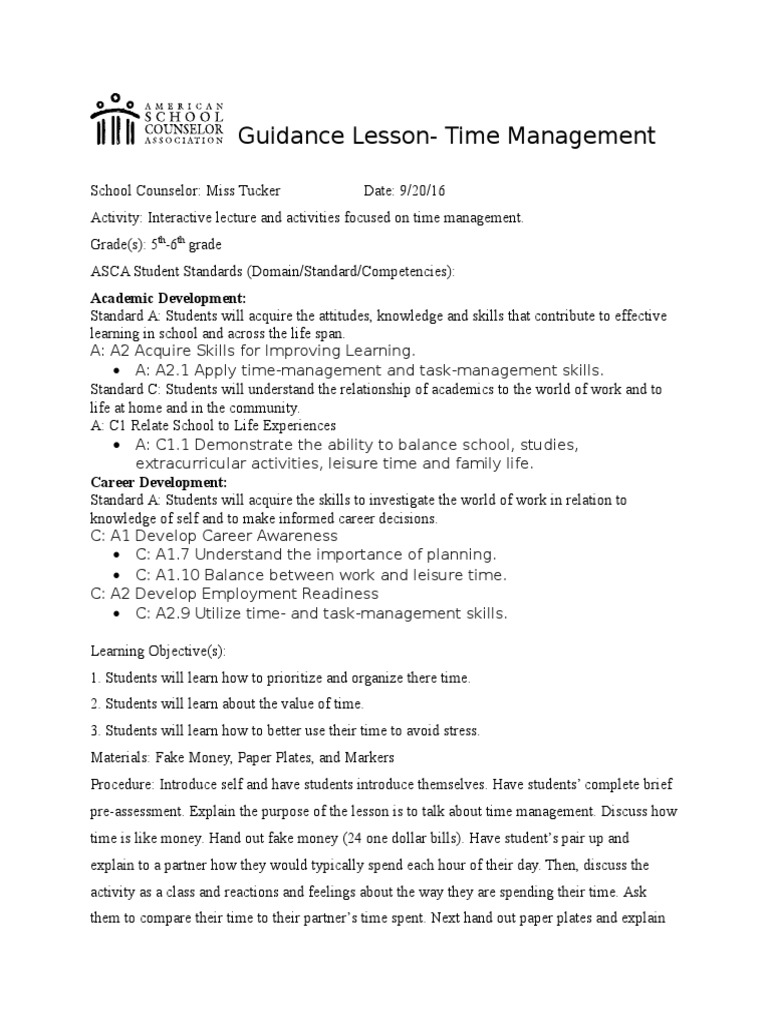 Guidance Lesson - Time Management | PDF | School Counselor ...