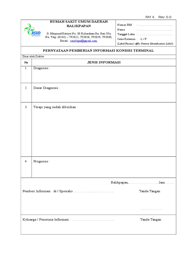 Formulir Informasi Pasien Tahap Terminal | PDF