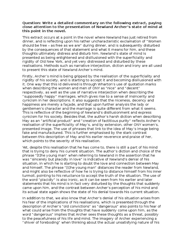 Analysis of Newland Archer's State of Mind in The Age of Innocence ...