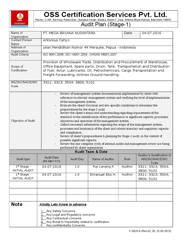 ISO 9001 Stage 1 Audit Plan | PDF