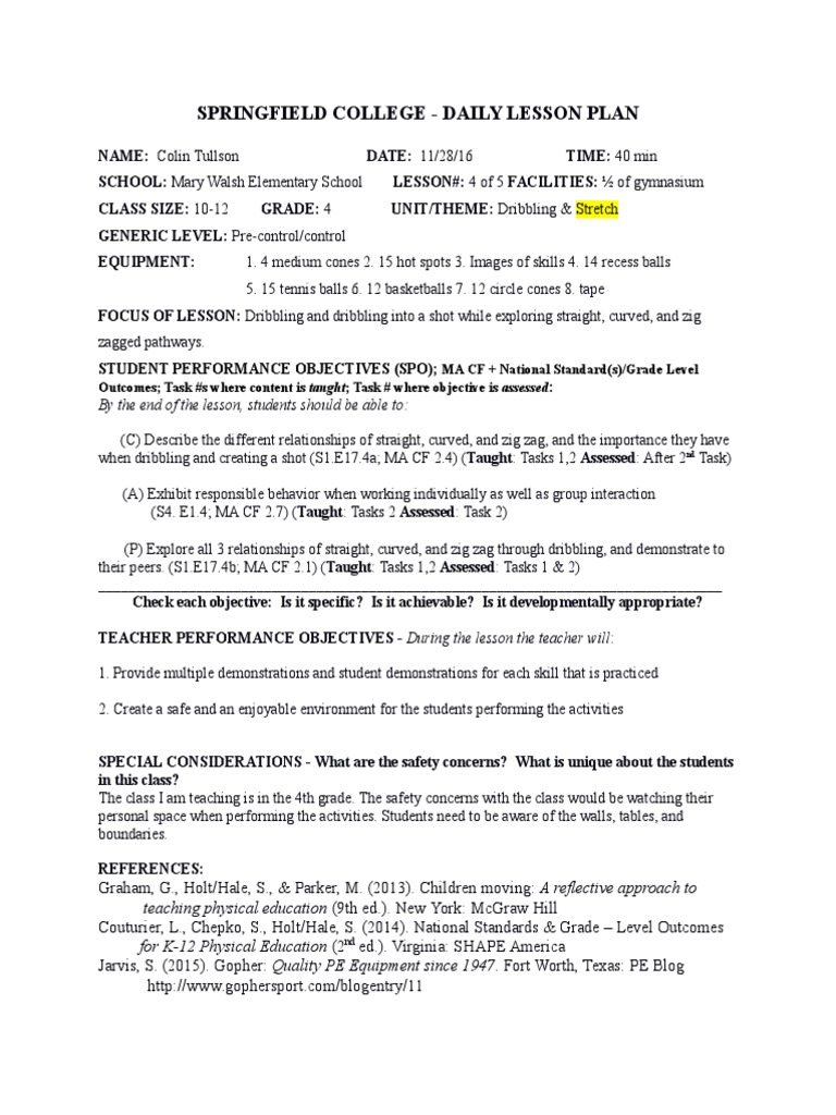 Lesson Plan 4 - Dribbling | PDF | Physical Education | Teachers