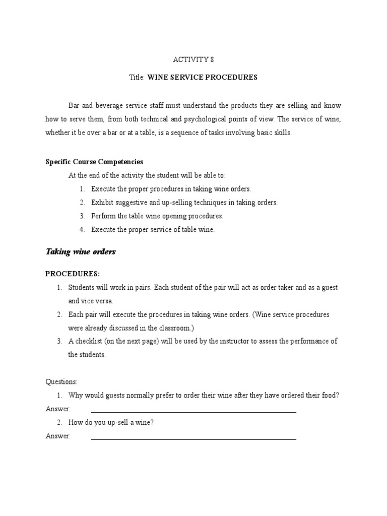 Wine Service Procedures (Taking Orders) | PDF