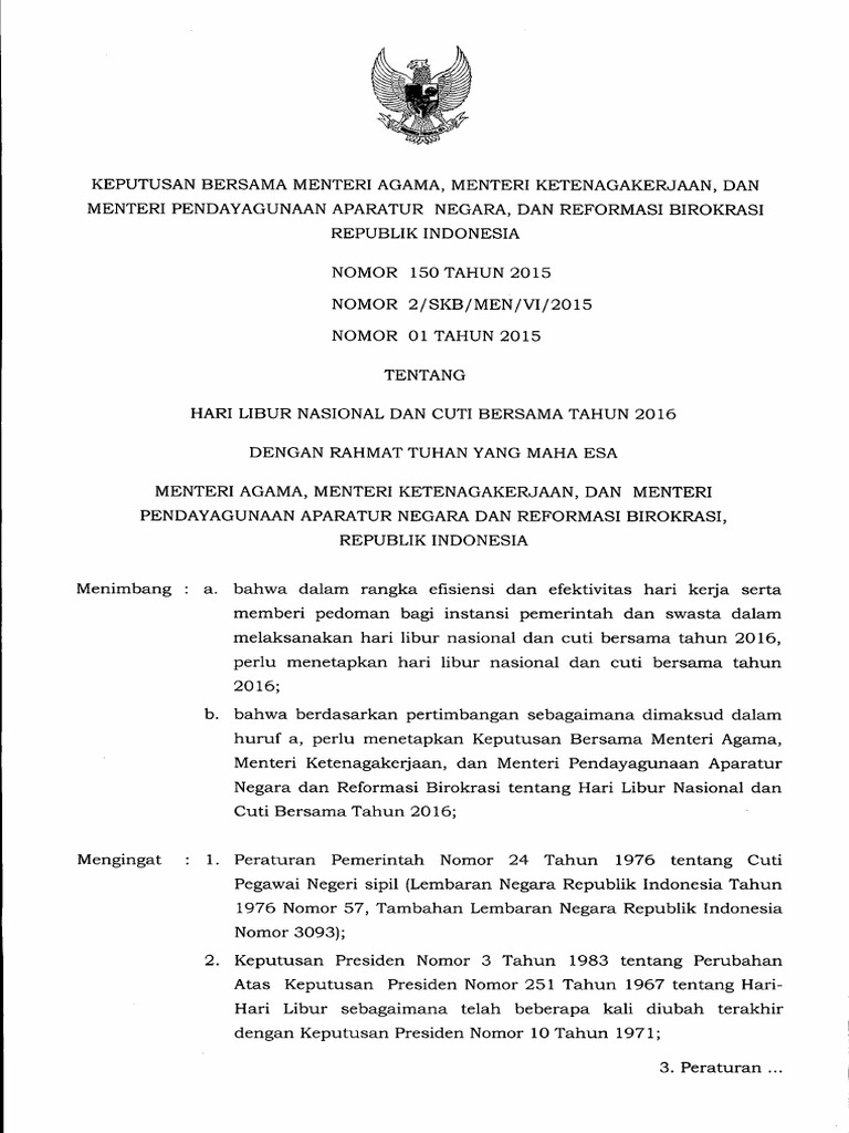 SKB 3 Menteri Cuti Bersama Tahun 2016 PDF | PDF | Pengelolaan Keuangan & Uang | Ilmu Sosial