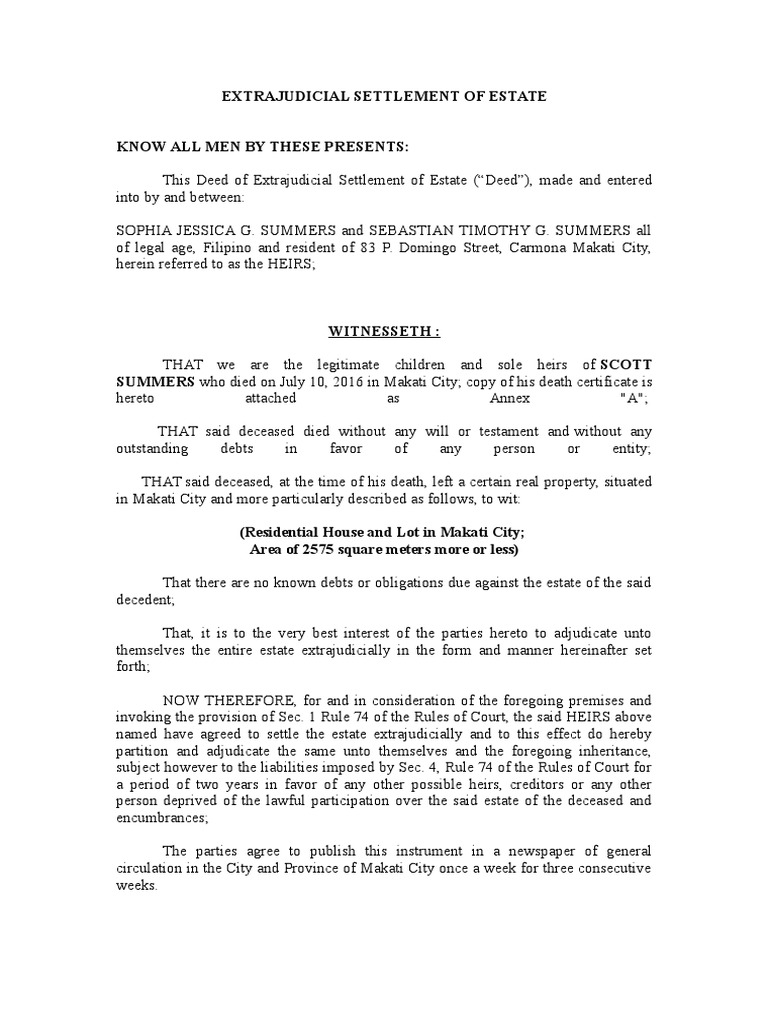 Extrajudicial Settlement of Estate SAMPLE PROBLEM | PDF | Deed ...