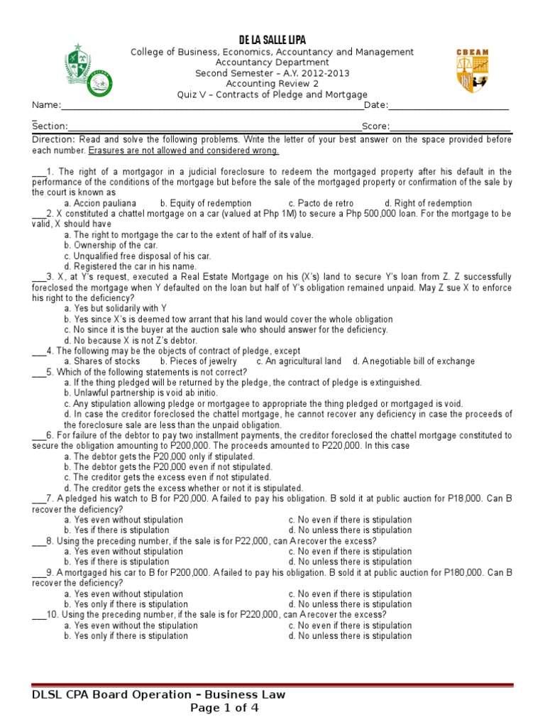 Quiz in Contracts of Pledge and Mortgage | PDF | Mortgage Law | Foreclosure