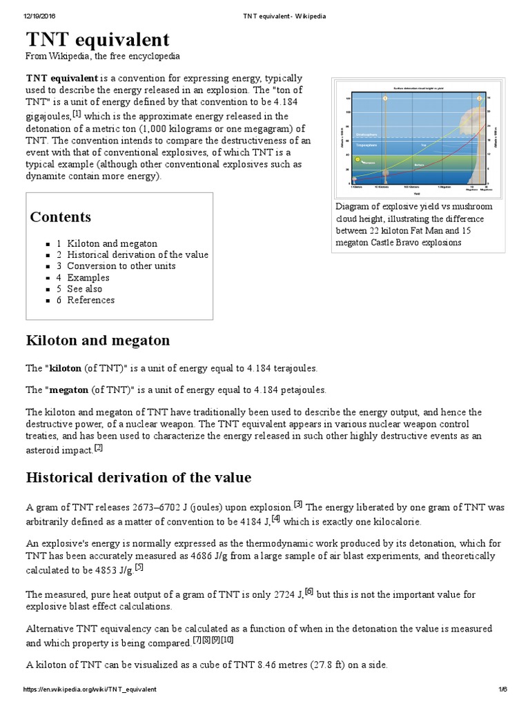 TNT Equivalent - Wikipedia | Tonne | Physical Universe