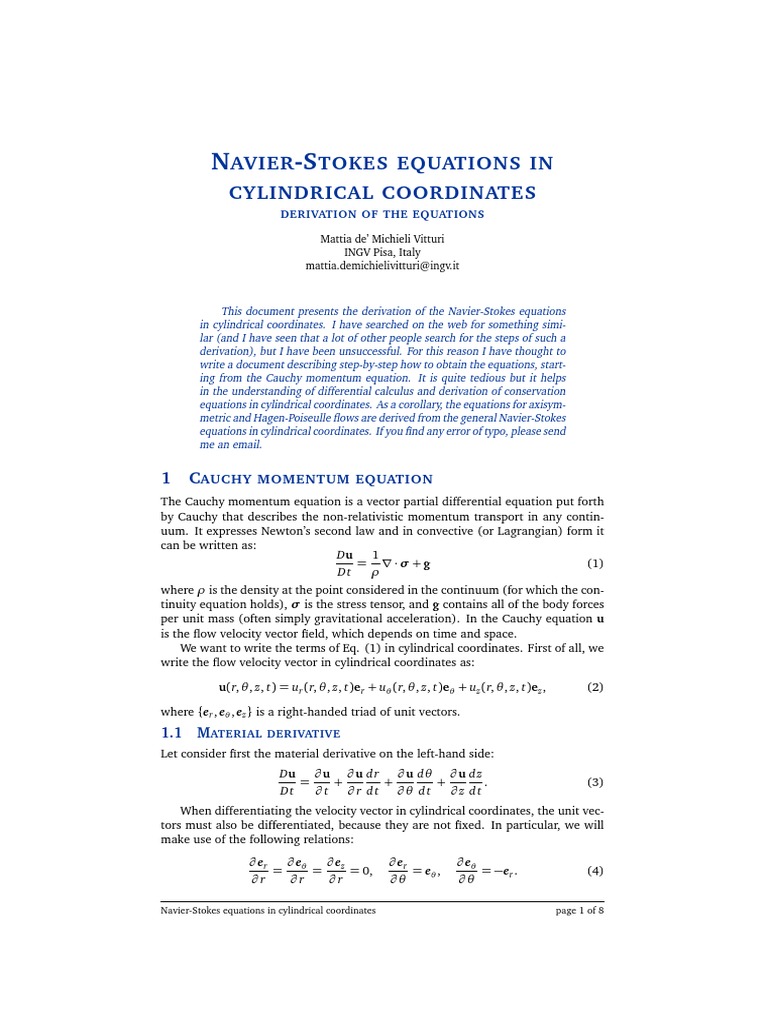 Navier Stokes Equations in Cylindrical Coordinates | PDF | Shear Stress ...