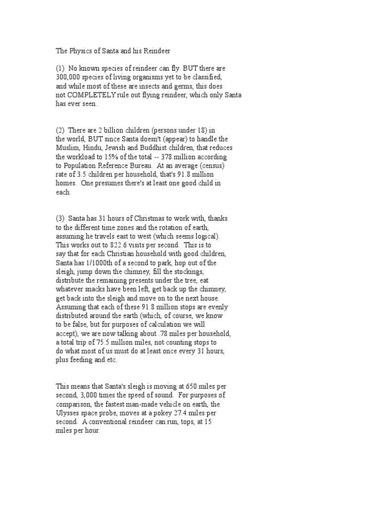 The Physics of Santa and His Reindeer | PDF | Payload | Santa Claus