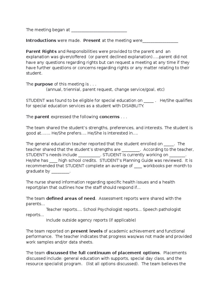 IEP Meeting Notes Template | PDF | Individualized Education Program ...