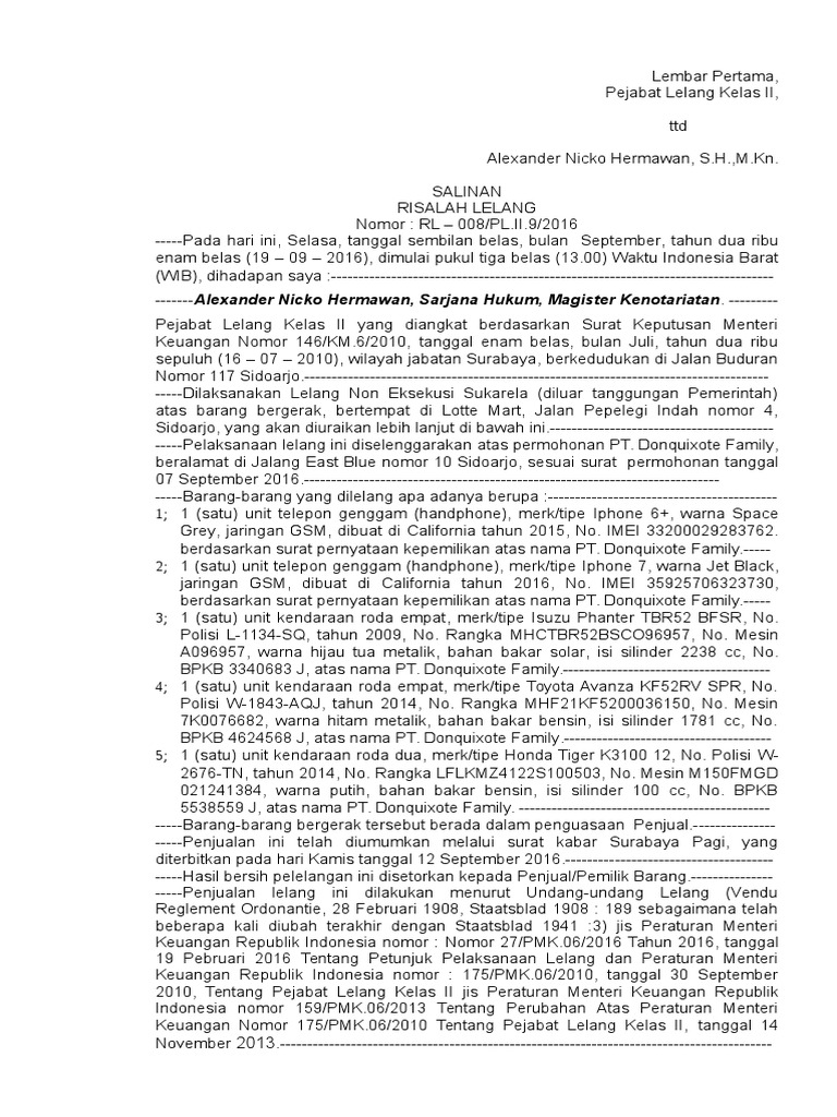 Contoh Risalah Lelang Tanpa Balai Lelang (Benda Bergerak) | PDF