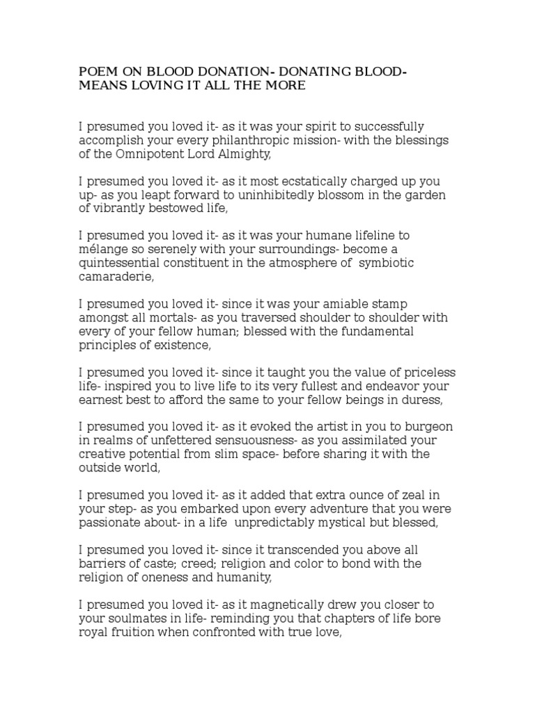 Poem On Blood Donation - Donating Blood - Means Loving It All The More ...