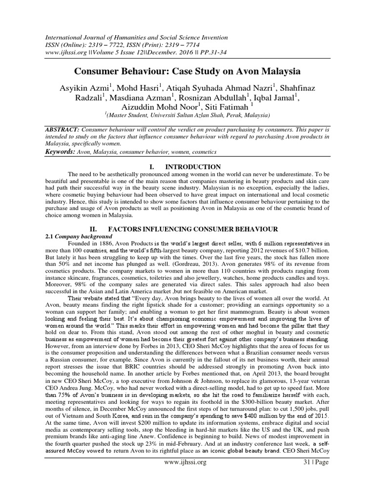 Consumer Behaviour: Case Study On Avon Malaysia | PDF | Cosmetics | Behavior