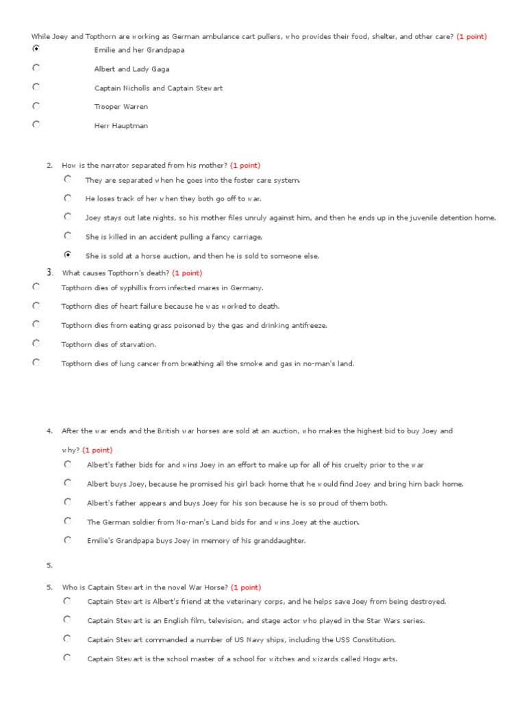 War Horse Short Questions | PDF | Armed Conflict | Unrest