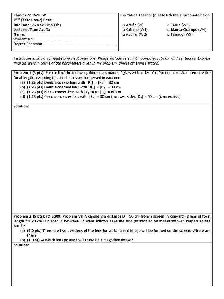 Physics Optics Worksheet | Lens (Optics) | Interference (Wave ...