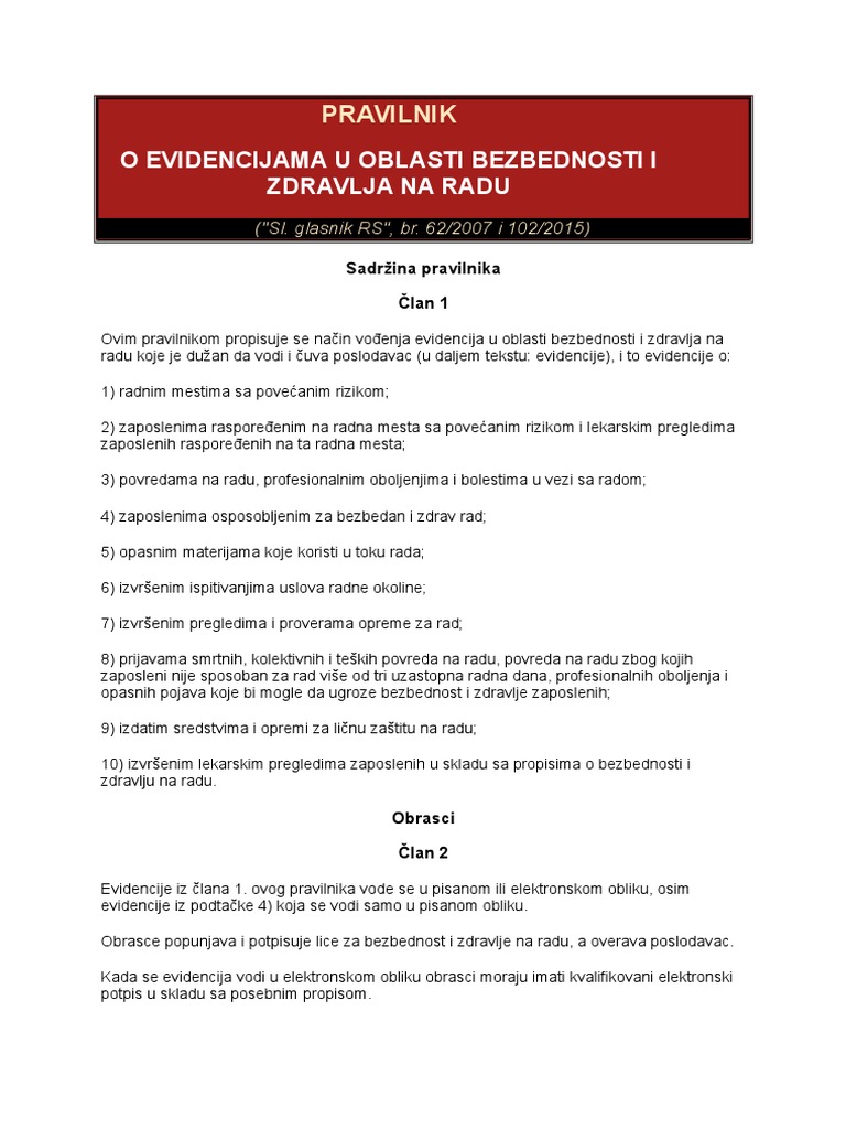 09 Pravilnik o Evidencijama U Oblasti Bezbednosti I Zdravlja Na Radu | PDF