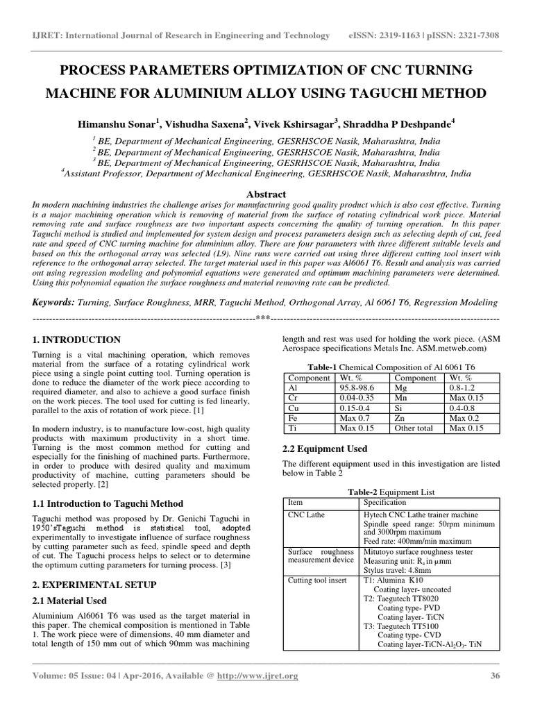 Process Parameters Optimization Of Cnc Turning Machine For Aluminium Alloy Using Taguchi Method